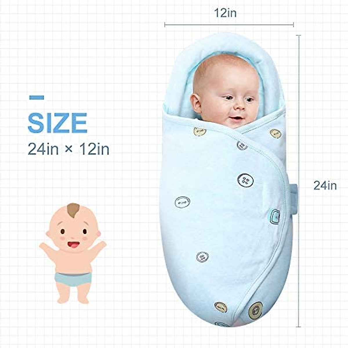 Knirose Swaddle Blankets, Unisex Baby Wrap for Newborn Baby Boys Girls with Head-Protecting & Head-Supporting Function, Wearable Swaddle Sleep Sack Made of Combed Cotton (Button, Blue, 0-3 Months)