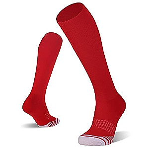 FITRELL 2 Pack Baseball Soccer Softball Socks for Youth Men & Women Over-the-Calf Knee High Socks Sports Tube Socks, Red, Medium