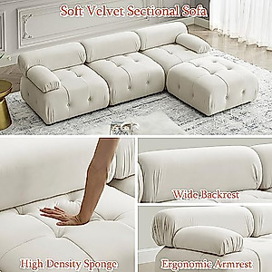 Tmsan Modular Sectional Sofa, 93" Velvet Sectional Couches for Living Room, Modern L-Shaped Sofa Deep Seat Cloud Couch DIY Combination Reversible Chaise for Bedroom Apartment Office (Beige Velvet)