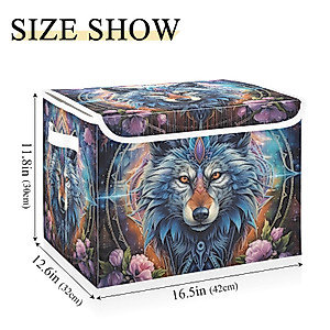 ZRWLUCKY Alchemy Occult Wolf Totem Storage Bins with Lids and Handle Collapsible Decorative Storage Box for Playroom, Office, Kids, Boys, Girls, Adults, Puppies