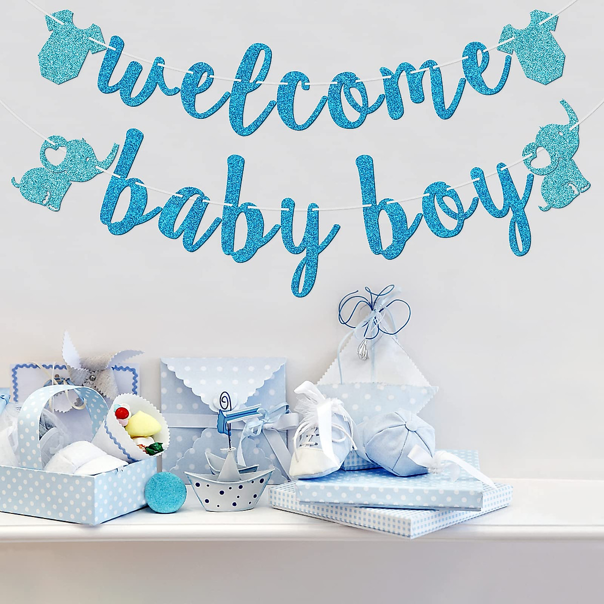 Welcome Baby Boy Banner, Pre-strung Baby Shower Banner, It's A Boy Decorations, Baby Boy Shower Decorations, Blue Glitter