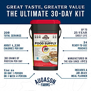 Augason Farms 30-Day 1-Person Standard Emergency Food Supply Kit, Survival Food, Just Add Water, 200 Servings