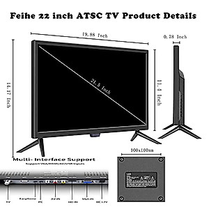 Feihe 22 Inch TV, FHD LED Flat Screen TV 1920 x 1080p IPS Display w/Digital Dual Tuners ATSC/HDMI/VGA/AV/USB, 12 Volt RV TV Built in Dual Speakers Suitable for Kitchen/RV/Caravan and Boat