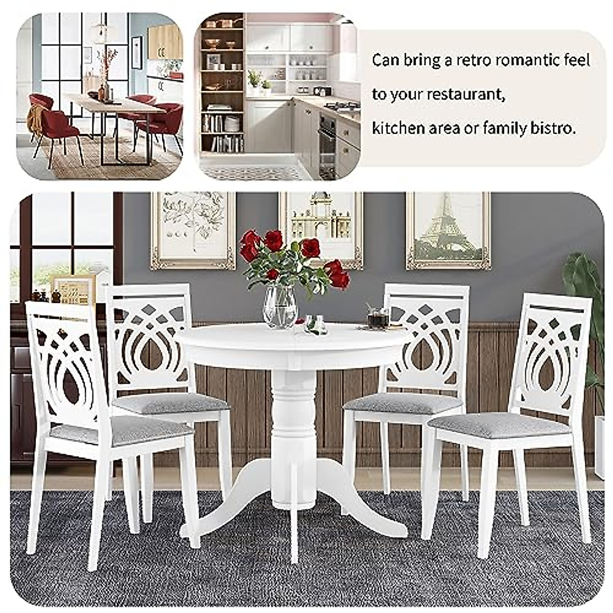 5-Piece Dining Table Set, Round Kitchen Table Set for 4, Extendable Kitchen Table Set with 4 Exquisite Upholstered Chair, Solid Wood Dining Furniture Set with Extendable Leaf for Small Places, White