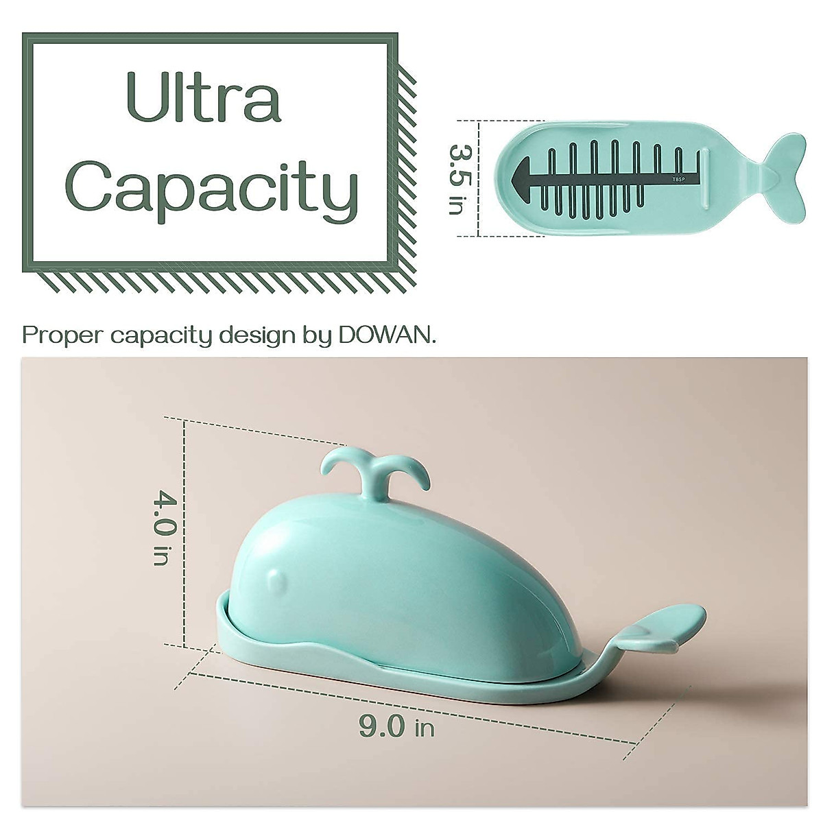 DOWAN Whale Butter Dish, Cute Butter Dish, Funny Gifts for Mom Wife Friends, Fish Bone Cutting Measuring Lines and Tail Non-slip Design, Ideal Decor Gift for Birthday Wedding Housewarming, Turquoise