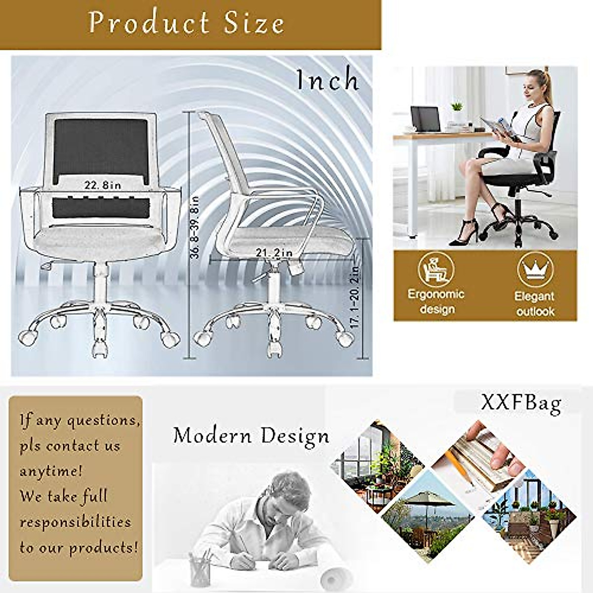 Office Chair Ergonomic Desk Chair, Mid Back Mesh Computer Chair- Executive Office Chair Rolling Swivel Adjustable Stool,Modern Task Chair with Armrests Lumbar Support Wheels for Woman Girls,Black