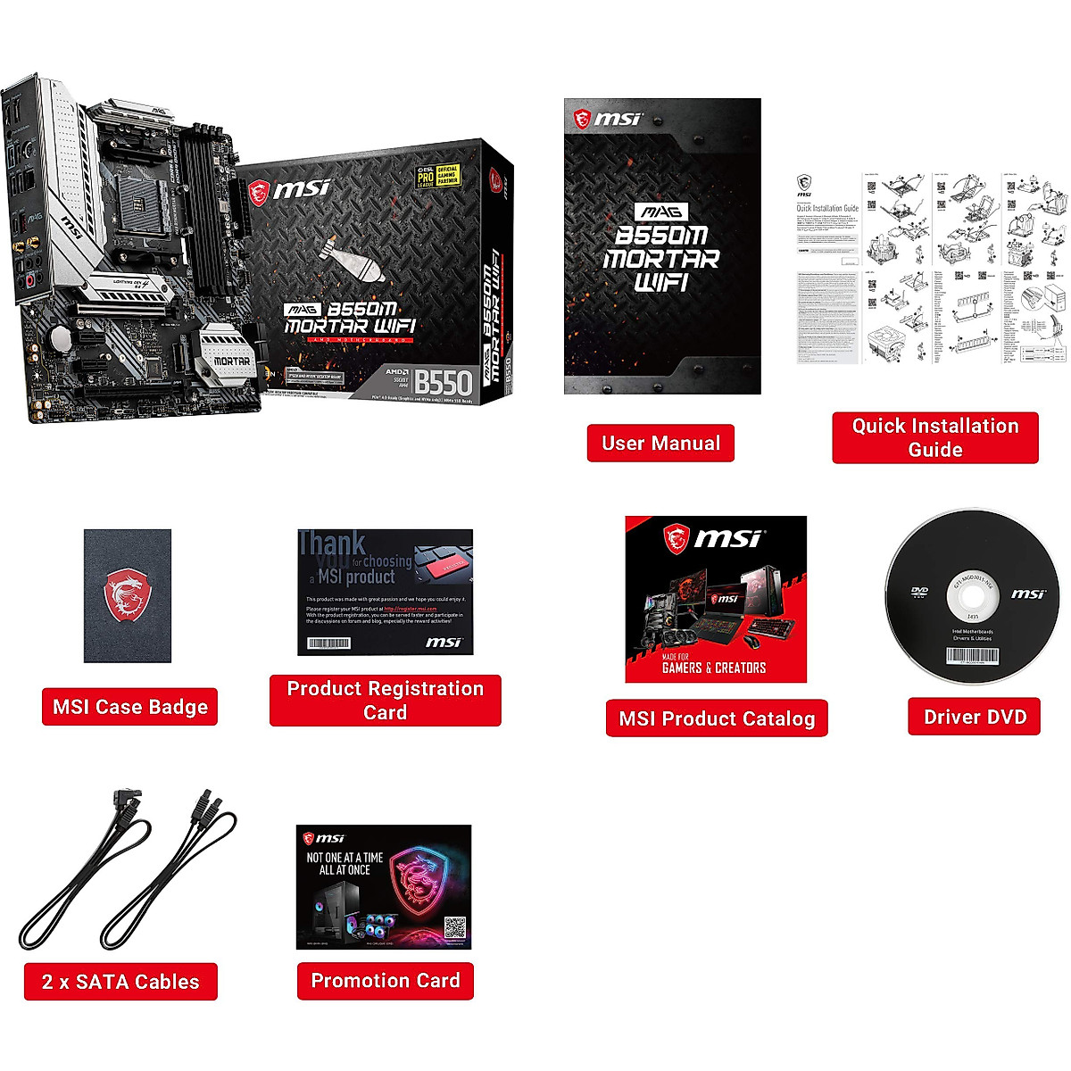 MSI MAG B550M Mortar WiFi Gaming Motherboard (AMD AM4, DDR4, PCIe 4.0, SATA 6Gb/s, M.2, USB 3.2 Gen 2, AX Wi-Fi 6, HDMI/DP, Micro-ATX, AMD Ryzen 5000 Series Processors)
