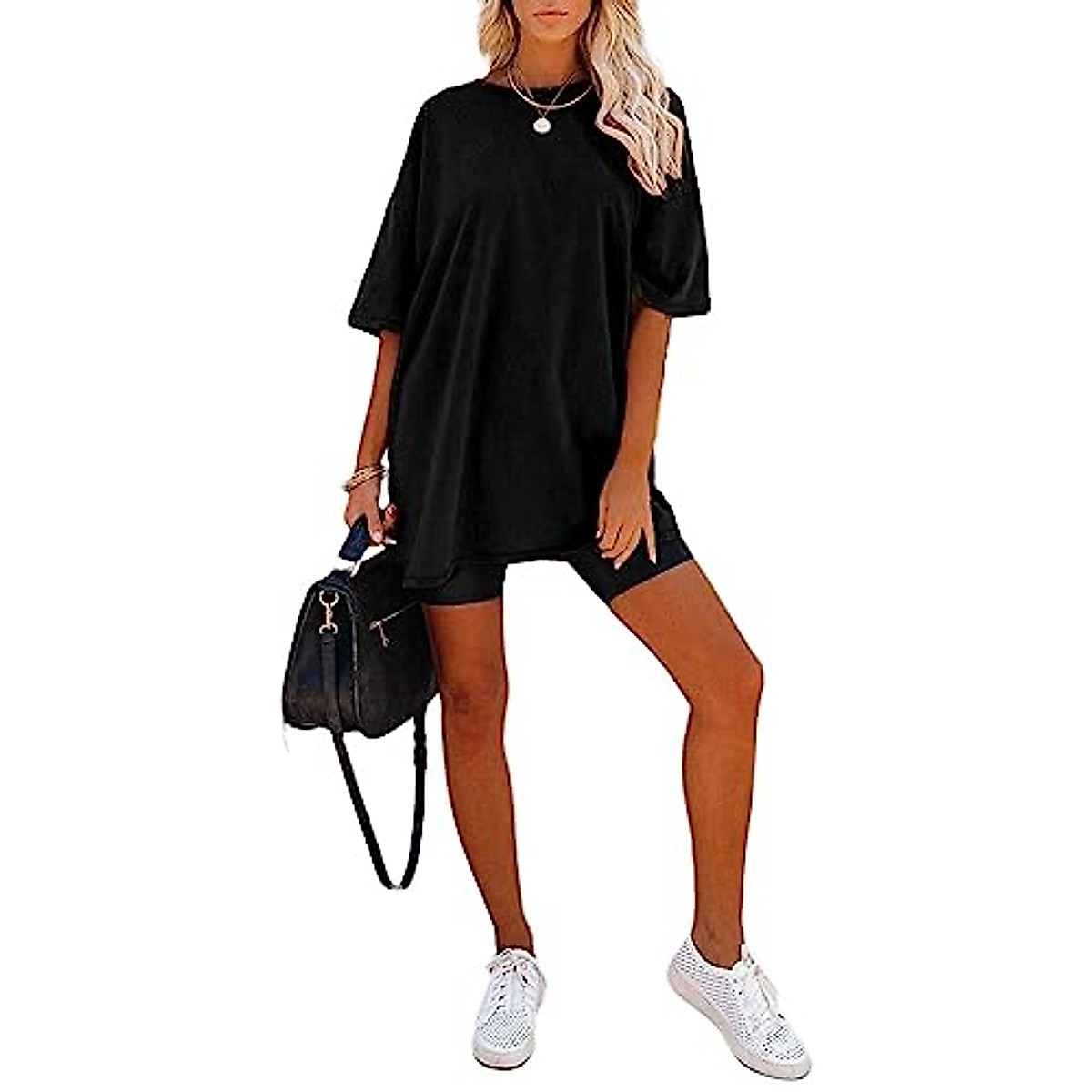 Remidoo Women's Oversized T Shirt Solid Short Sleeve Distressed Solid Tees T-Black Large
