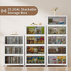 MDTMR Stackable Storage Bins with Side Handle,25.2GAL Stackable Storage Bins with Lids,Collapsible Plastic Storage Bins with Doors and Wheels