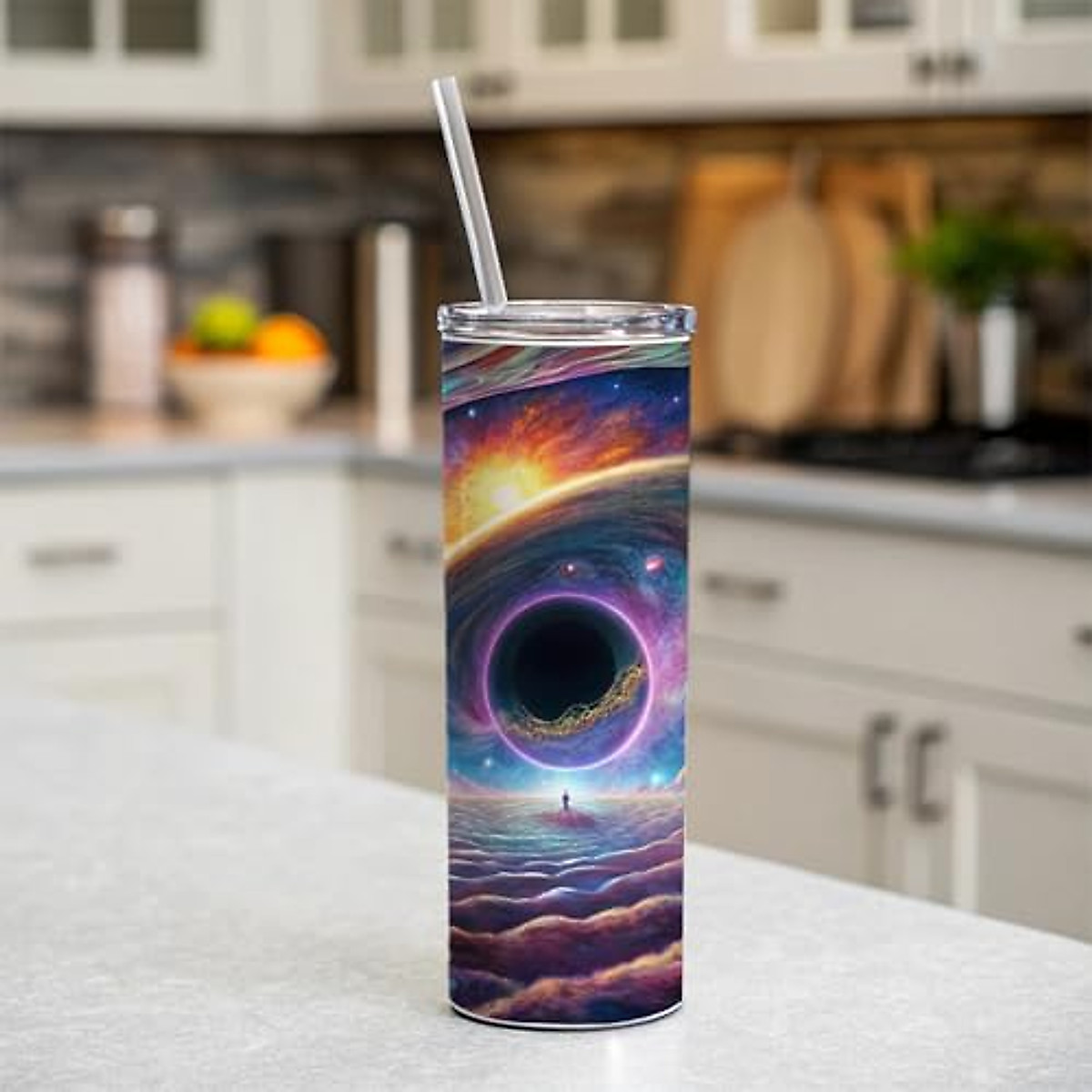 Psychedelic Black Hole Galaxy Space Vibrant Colors Skinny Tumbler 20oz with Straw Insulated Water Bottle Gift