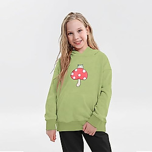 CM C&M WODRO Girls Sweatshirt Kawaii Frog Hoodie Cute Mushroom Long Sleeve Pullover Tops Kids Aesthetic Fall Winter Clothes(Olive green,11-12Y)