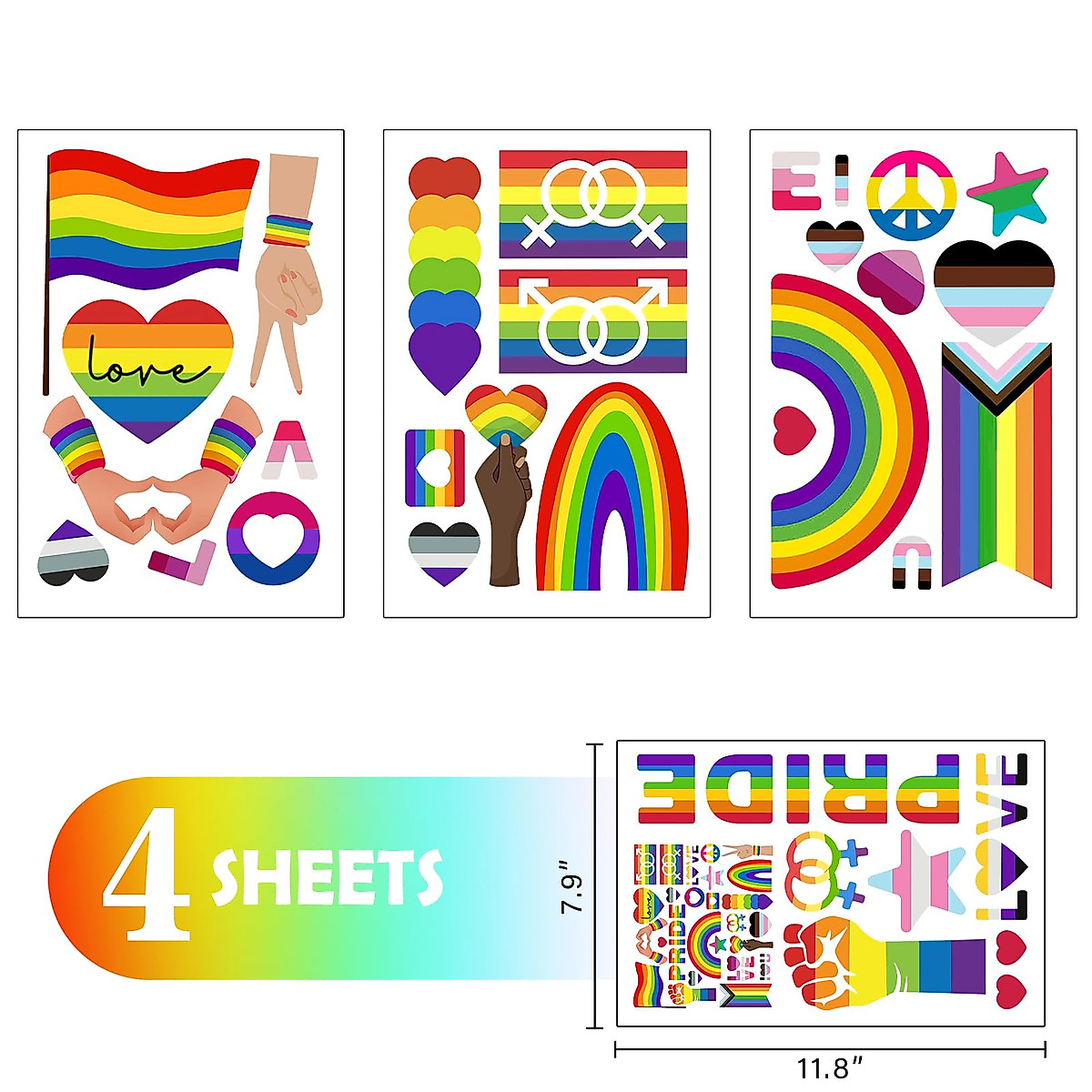Mfault Gay Pride LGBTQ Rainbow Window Clings 4 Sheets, Progress Pride Flag Equality Diversity Love Hearts Stickers Decals Decorations, Lesbian Pansexual Bisexual Pride Month Home Kitchen Decor