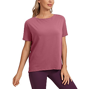 CRZ YOGA Women's Pima Cotton Short Sleeve Shirts Boat Neck Loose Fit Gym Workout T-Shirt Athletic Casual Tops Misty Merlot X-Large