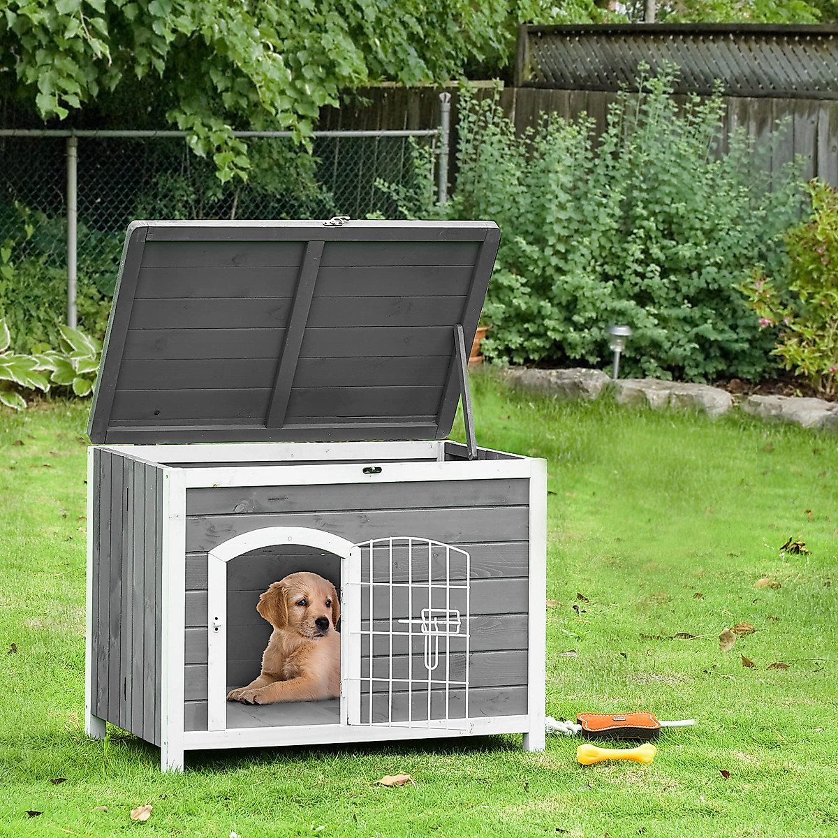 PawHut Foldable Wooden Dog House Raised Puppy Cage Kennel Cat Shelter for Indoor & Outdoor w/Lockable Door Openable Roof Removable Bottom for Small and Medium Pets Grey
