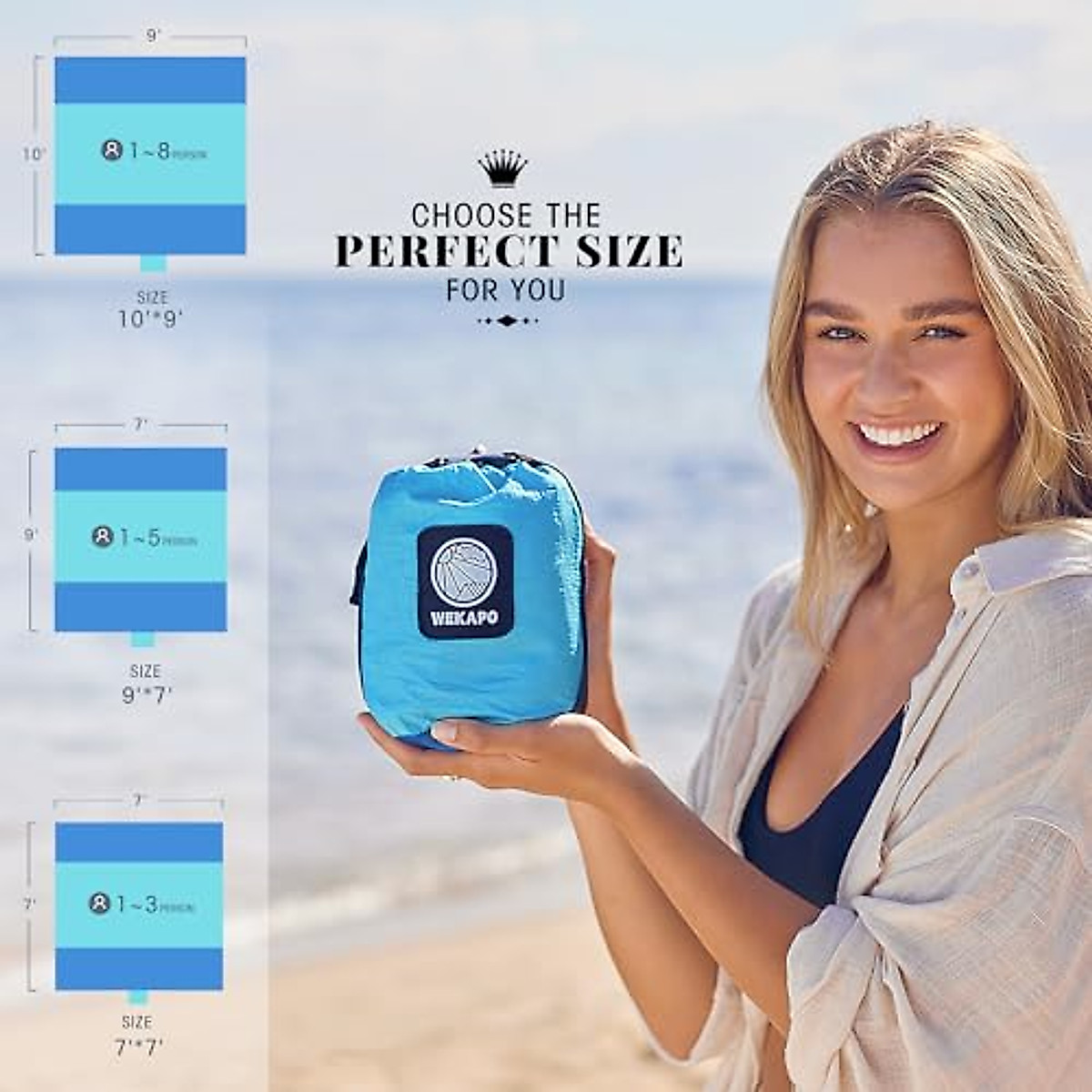 Wekapo Beach Blanket Sandproof, Extra Large Oversized 10'X 9' for 2-8 Adults, Big & Compact Sand Free Mat Quick Drying, Lightweight & Durable with 6 Stakes & 4 Corner Pockets