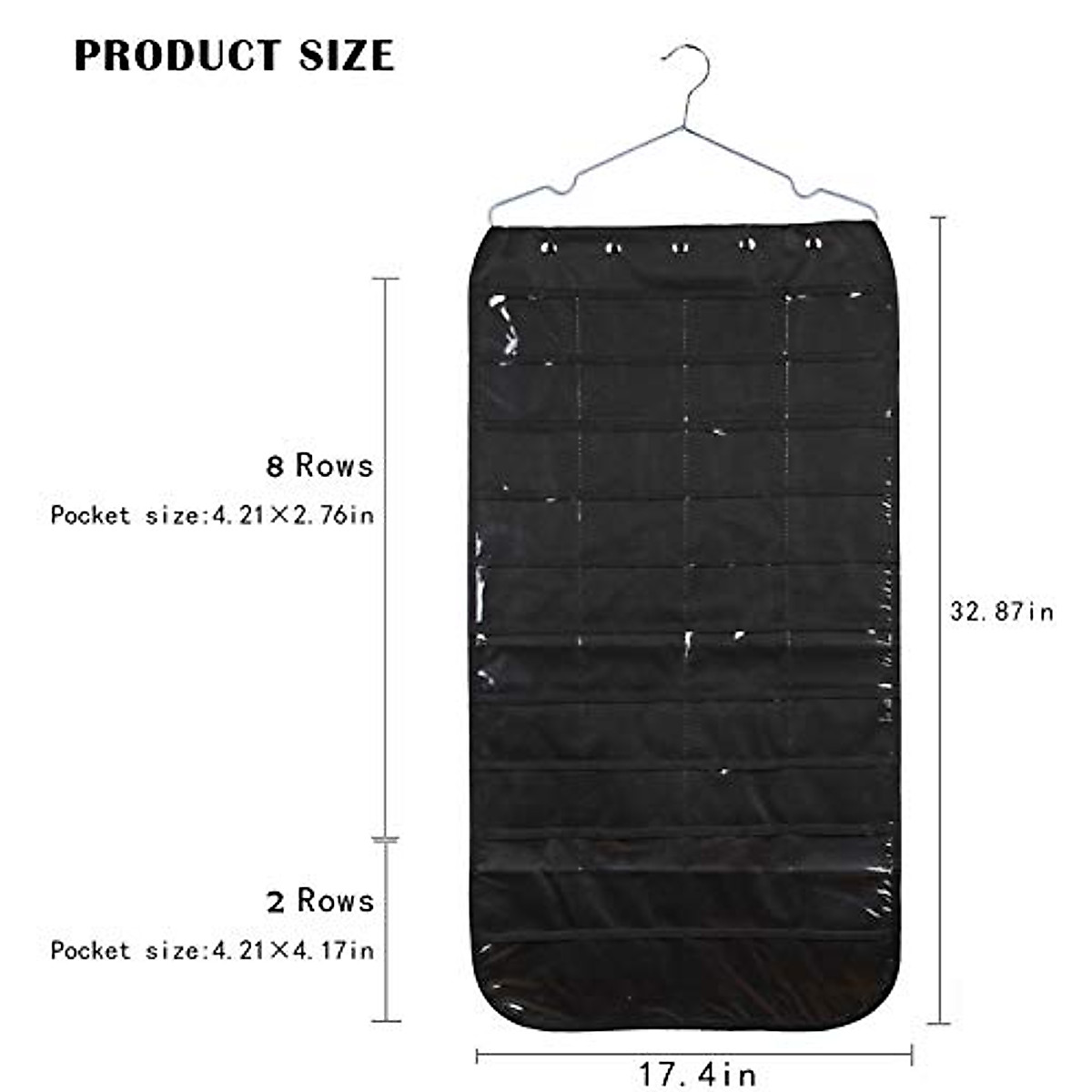 Hanging Jewelry Organizer Double Sided 40 Pockets & 20 Magic Tape Hook Storage Bag Closet Storage for Earrings Necklace Bracelet Ring Display Pouch (Black)