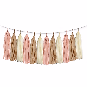 15PCS DIY Boho Rainbow Party Tassel Banner Dusty Rose Pink Kraft Brown Cream Paper Garland Streamer Wedding Baby Shower Birthday Outdoor Nursery Garden Hanging Decoration