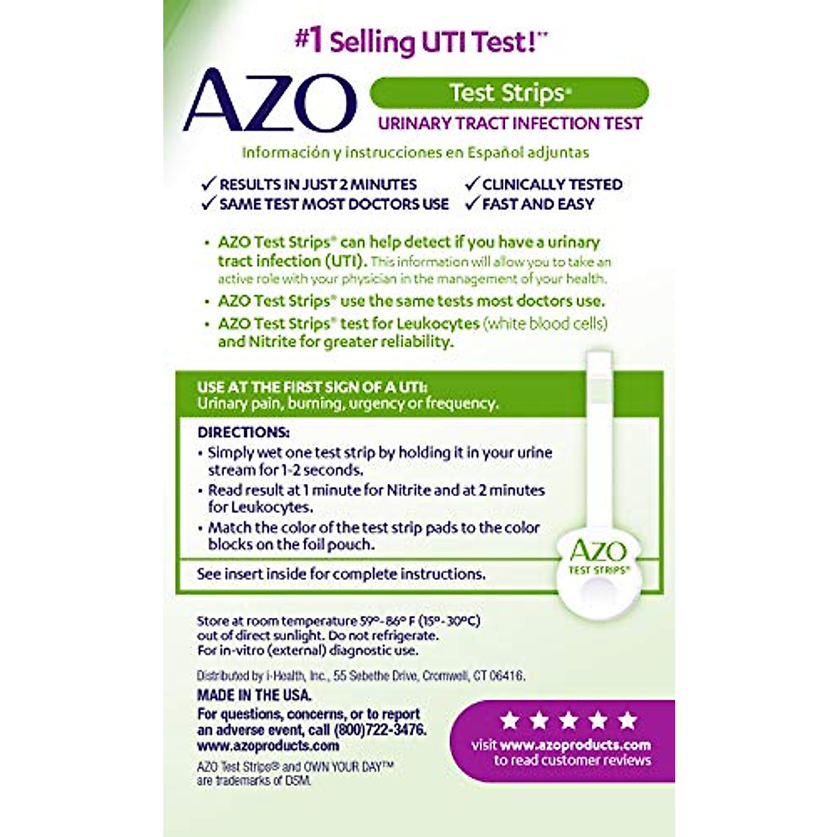 AZO Urinary Tract Infection (UTI) Test Strips, Accurate Results in 2 Minutes, Clinically Tested, Easy to Read Results, Clean Grip Handle, #1 Most Trusted Brand, 3 Count