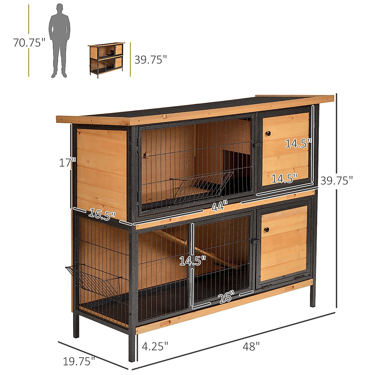PawHut 48" 2-Story Large Rabbit Hutch Bunny Cage Wooden Pet House Metal Frame with Individual Room, Ramp, No Leak Tray, Feeding Trough, Waterproof Asphalt Roof for Outdoor/Indoor