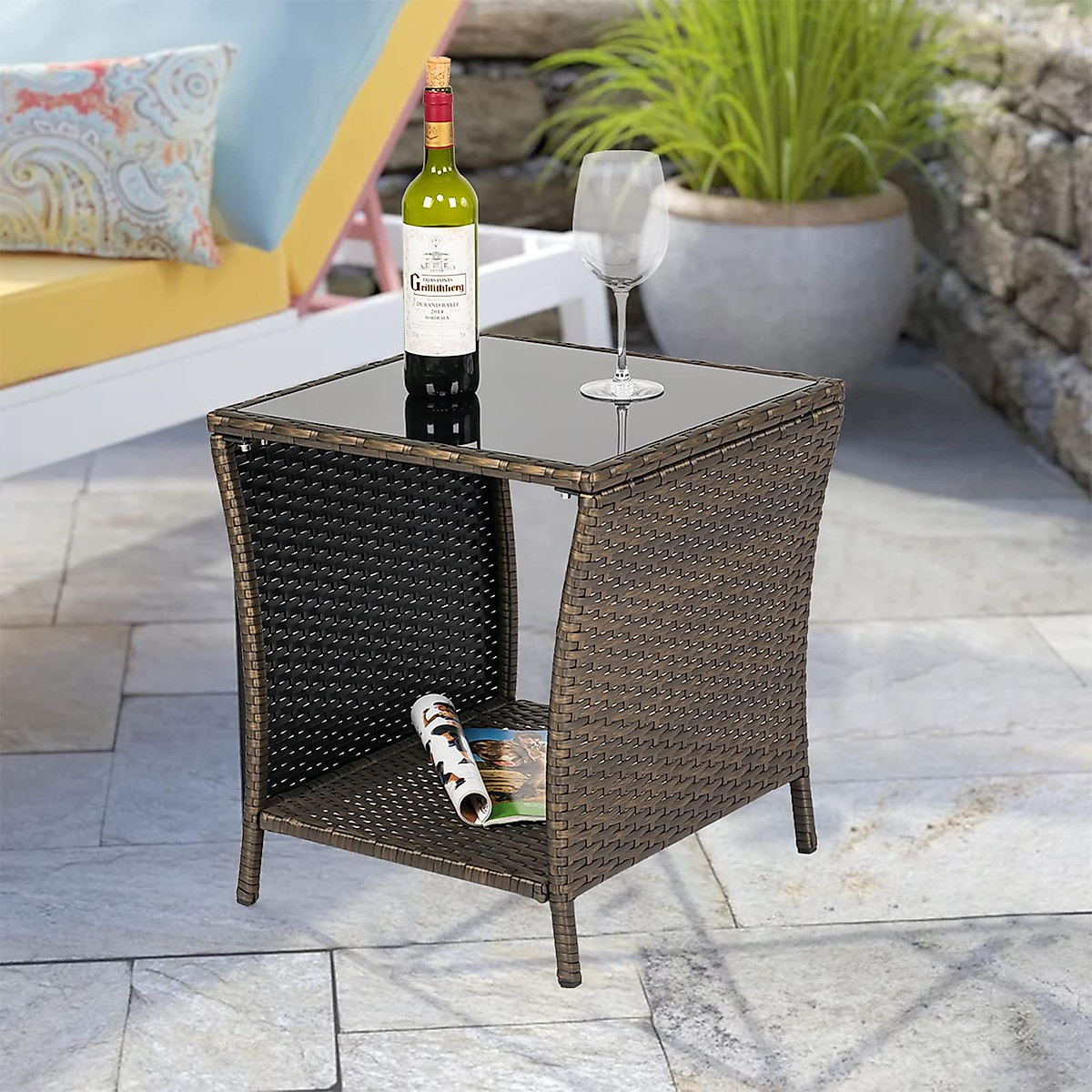 Kinsunny Outdoor Bistro Table PE Wicker Rattan Side Table Square End Table with Glass Top for Backyard Lawn Balcony, Brown