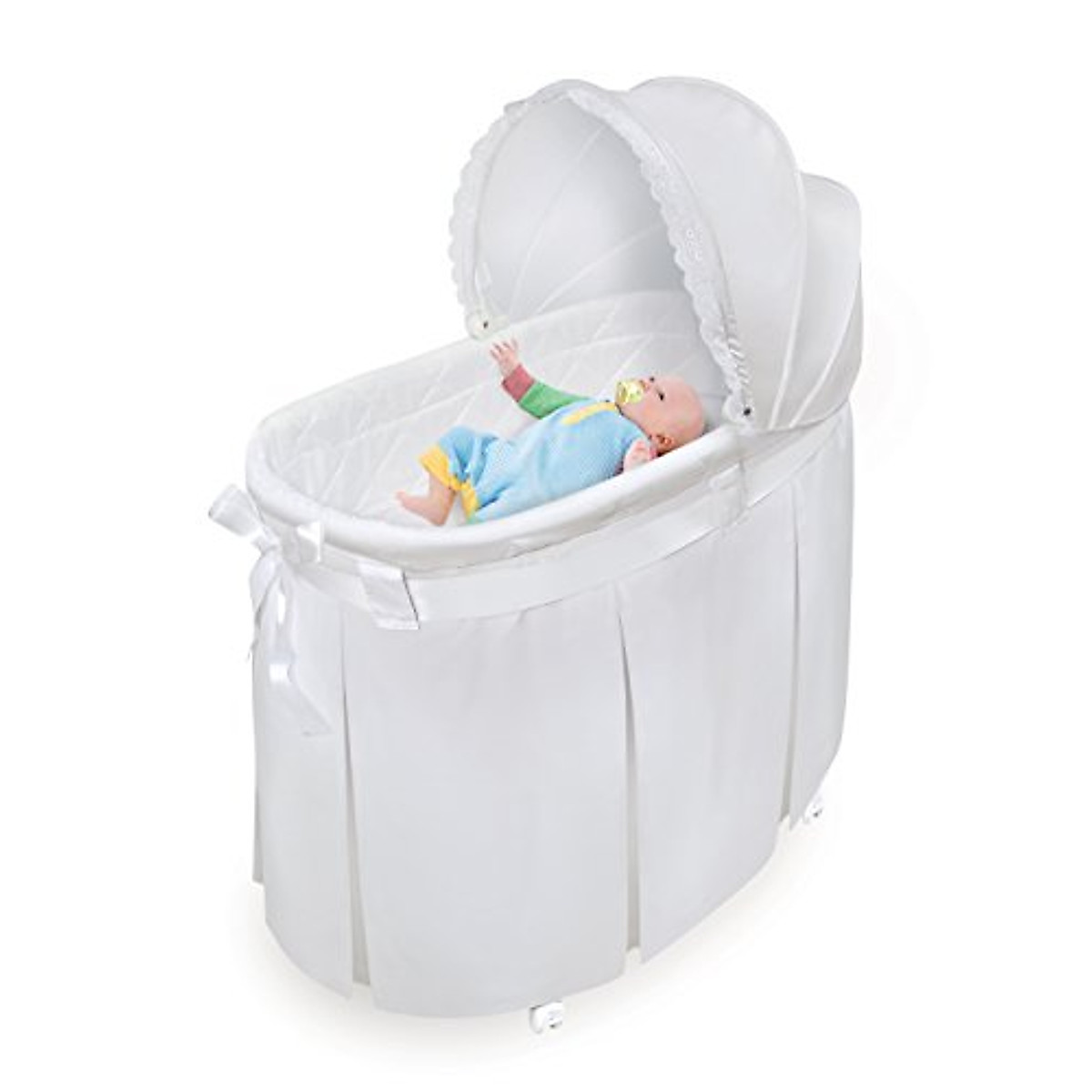 Badger Basket Wishes Rocking Baby Bassinet Heirloom Quality Bedside Sleeper with Bedding, Pad, and Storage Basket - White
