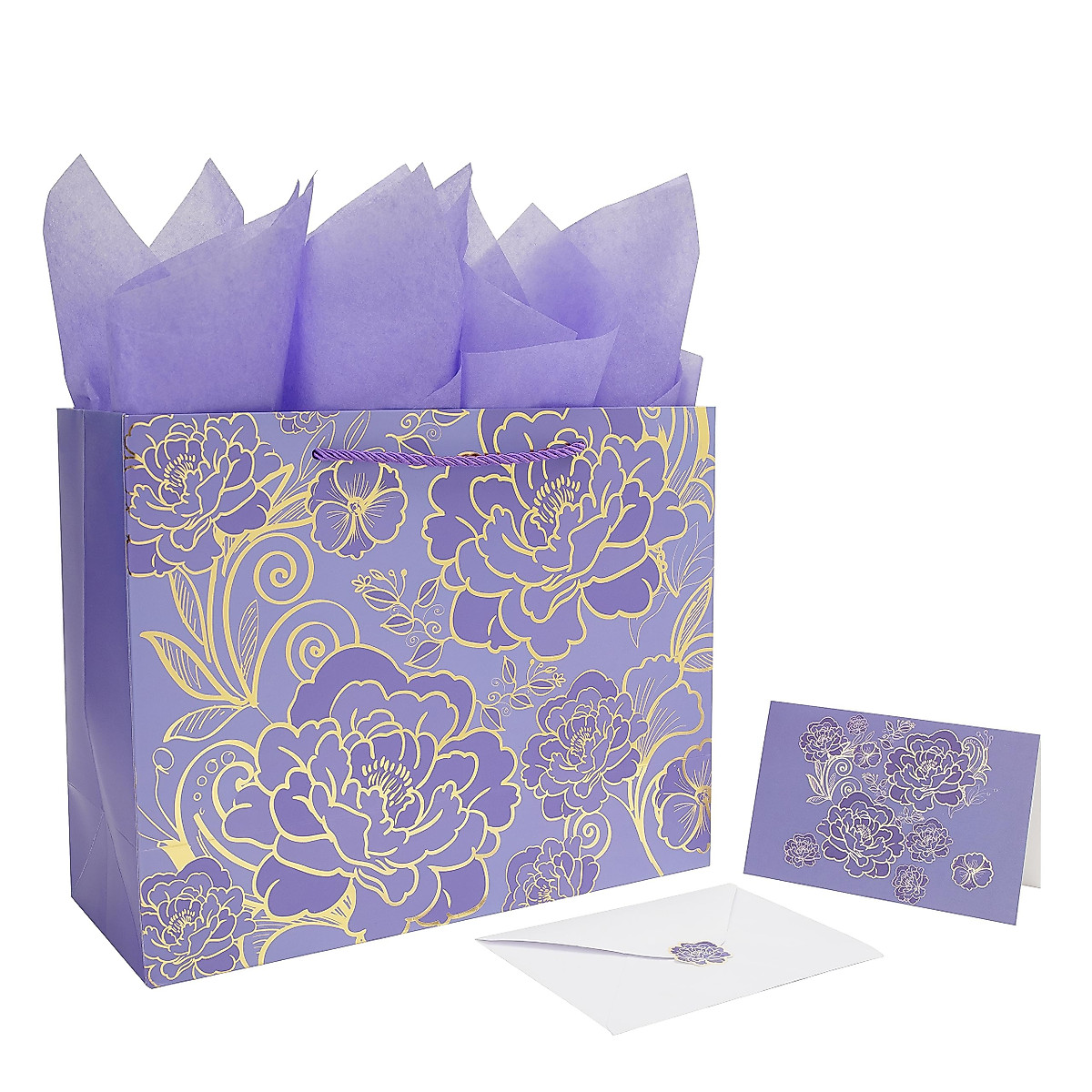 Qirrmiy 13" Large Rose Purple Gift Bag Set with Greeting Card and Tissue Paper for Women or Girls for Celebrating Birthdays, Valentine's Day, Weddings, Anniversaries, Mother's Day