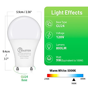 JIANGSILING GU24 Led Light Bulb, 9W(60W Equivalent), 5000K Daylight, A19 Shape GU24 Light Bulb, 800 Lumens GU24 Led Bulbs, CRI 85, Non-Dimmable ETL Listed(2-Pack)