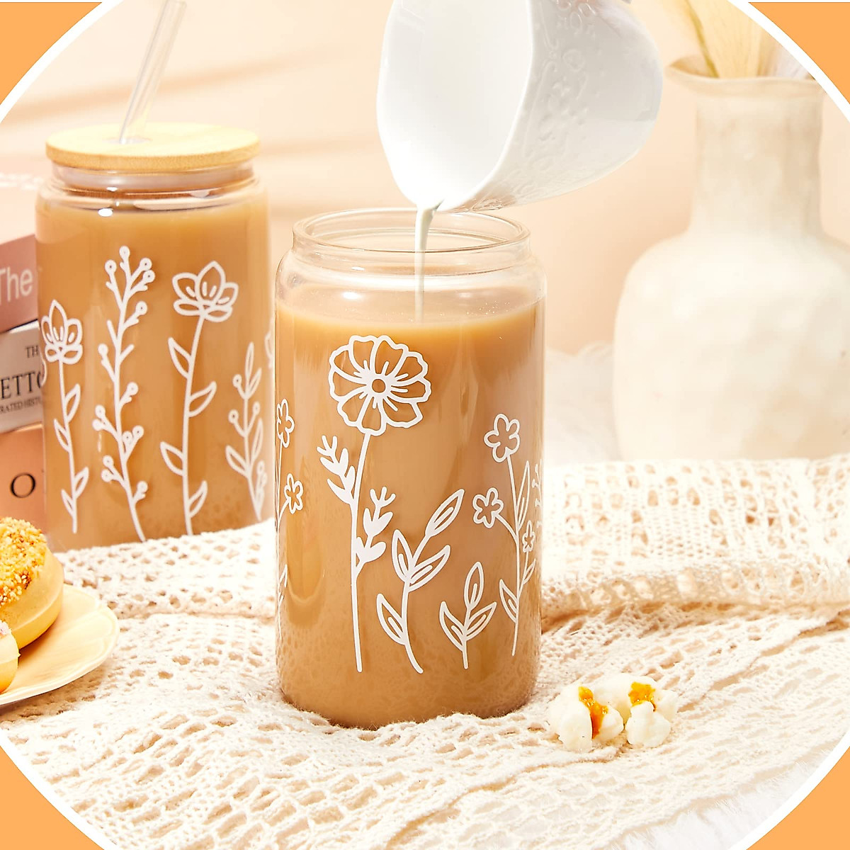 Mumufy 4 Pack Gift for Women Cute Glass Cups,aesthetic Iced Coffee Cup 16 oz Glass with Bamboo Lid and Straw Flower Coffee Mugs Birthday Gift for Friend Sister Her Bridesmaid Stuff Christmas(Clear)