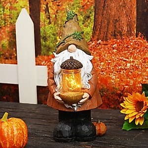 Topadorn Fall Garden Gnome Statue,Autumn Gnome Figurine with Fruit Grape Light on Hand for Fall, Thanksgiving House, Lawn Decor