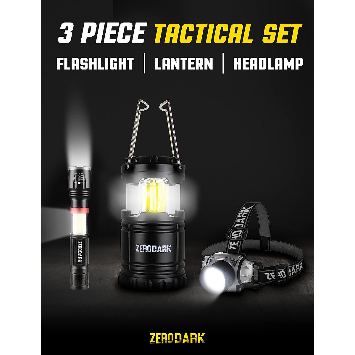 ZeroDark Flashlights Headlamp Lantern 3-Piece Set, Flashlight + Head Lamp + Camping Lantern Battery Powered LED High Lumens Camping Lights flashlights for Emergencies