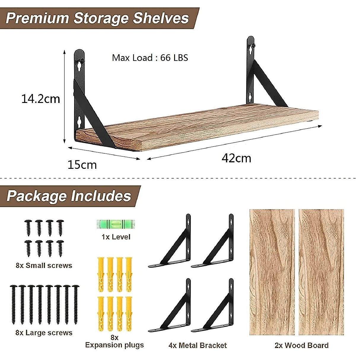 himaly Floating Shelves Set of 2 Rustic Wooden Shelves Decorative Wall Shelf Brackets Storage Book Shelves for Screw Mounted Shelf, 17in