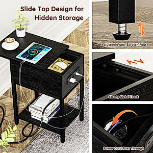 SZLHANJZ Narrow Nightstand, Small End Table with Charging Station, Bedside Table with Storage and Shelf for Small Spaces, 2 Tier Side Table for Living Room Bedroom, Black
