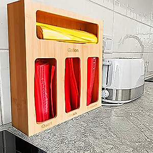 Ziplock Bag Storage Organizer, Premium Bamboo Kitchen Food Baggie Dispenser Box for Drawer, Compatible with Most Brands Gallon Bag, Quart Bag, Sandwich Bag, Snack Bag（1Box 4 Slots）