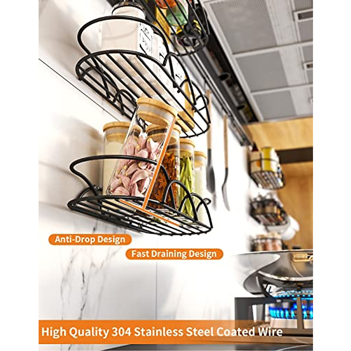 SWTYMIKI 6 Pack Spice Rack Wall Mount Rainbow Design Hanging Spice Shelf Organizer for Cabinet Strong & Stable Metal Seasoning Organizer for Kitchen Cabinet Wall and Pantry Organization Storage,Black