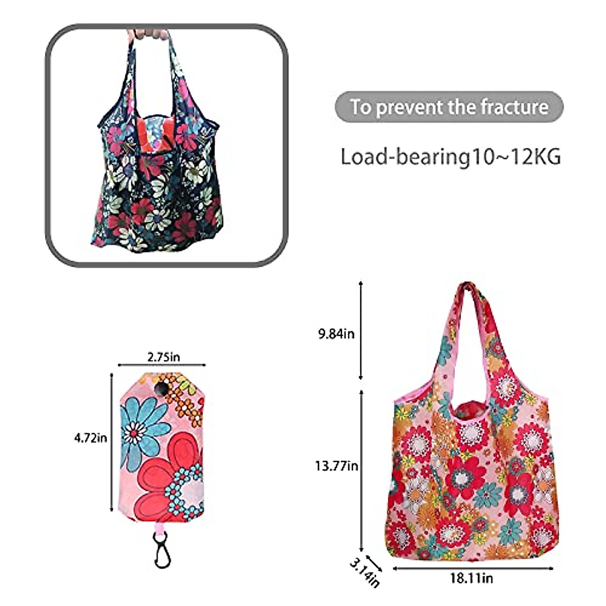DZH Enjoy 10 Pack Cute Floral Leaves Print Reusable Grocery Bags Portable Foldable Shopping Bag Eco-friendly Shopping Tote with Hook,Medium