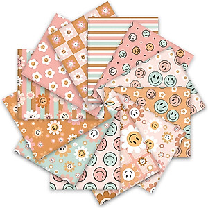 Whaline 12Pcs Retro Groovy Cotton Fabric Bundles Vintage Smile Daisy Plaid Printed Fat Quarters Colorful Boho Sewing Fabrics for DIY Handmade Crafting, 18 x 22 Inch
