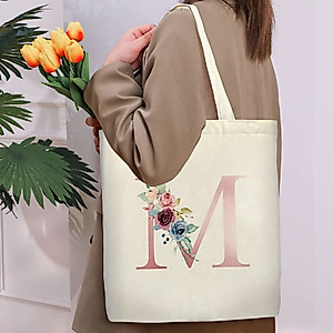 Binggemen Initial Canvas Tote Bag with Zipper Pockets,Personalized Totes for Women Bridesmaids Teacher,Cosmetic Makeup Bag,Monogrammed Gifts for Wedding Birthday (Letter M)