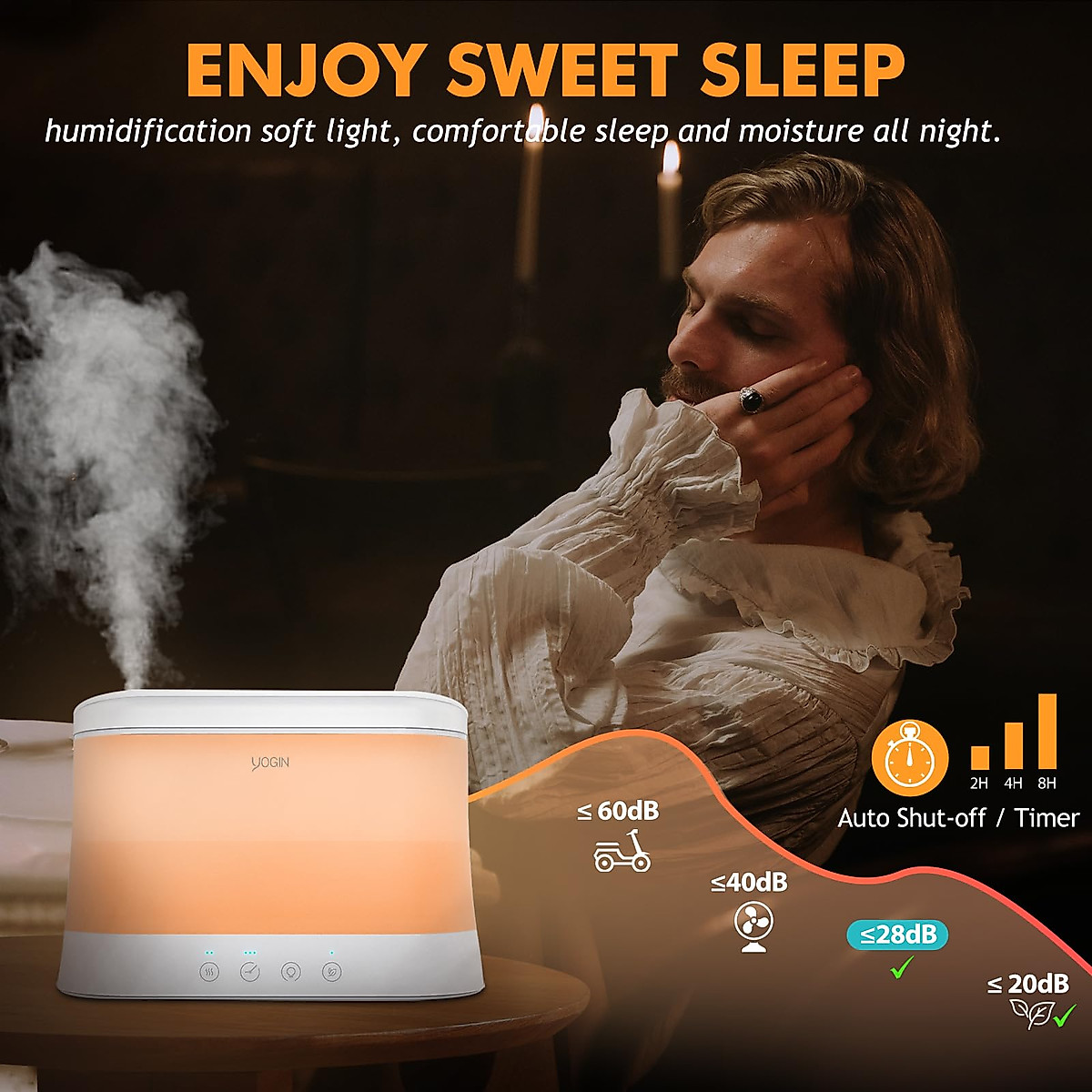 YOGIN humidifiers for Bedroom, 1.8L Ultrasonic Cool Mist Humidifiers for Home Baby Nursery & Plants,Top fill Humidifer with Night Light, Auto Shut Off, Easy Clean