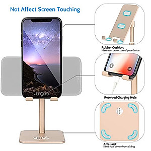 Urmust Cell Phone Stand Height Angle Adjustable Phone Stand for Desk Phone Holder for Office Compatible with iPhone 14 13 12 11 Pro Max X Xr 8 Plus 7 6 (Gold)