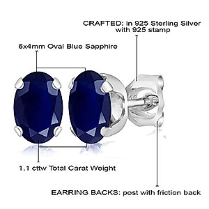 Gem Stone King 925 Sterling Silver Blue Sapphire Stud Earrings For Women | 1.10 Cttw | Gemstone Birthstone | Oval 6X4MM