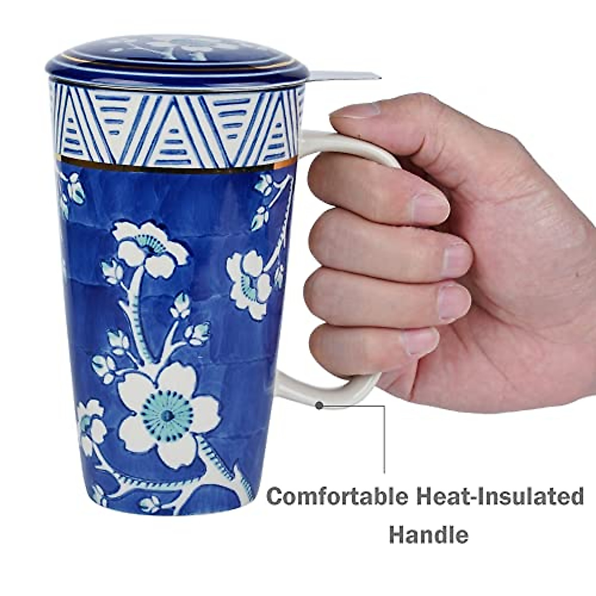Taimei Teatime Ceramic Tea Cup with Infuser and Lid, 17 oz Tea Infuser Mug for Steeping Loose Leaf Tea with Handpainted Floral Pattern, Tea Mug with Infuser Basket, Women Office Home Gift