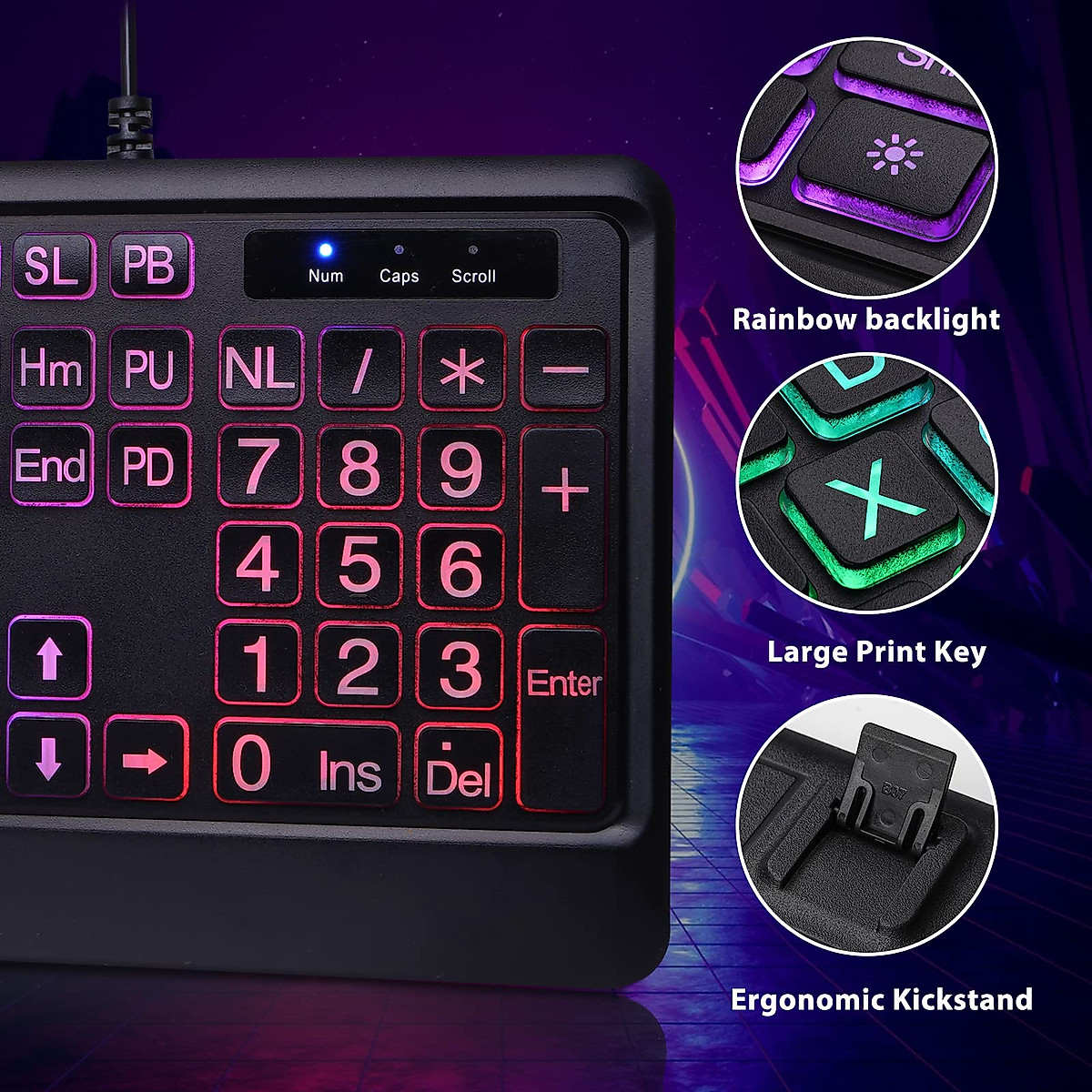 KOPJIPPOM Backlit Wired Keyboard - Large Print Computer Keyboards with Rainbow Backlight, Silent USB Wired Keyboard, Light Up Keyboard for Computer, PC, Gaming - Easy to See and Type