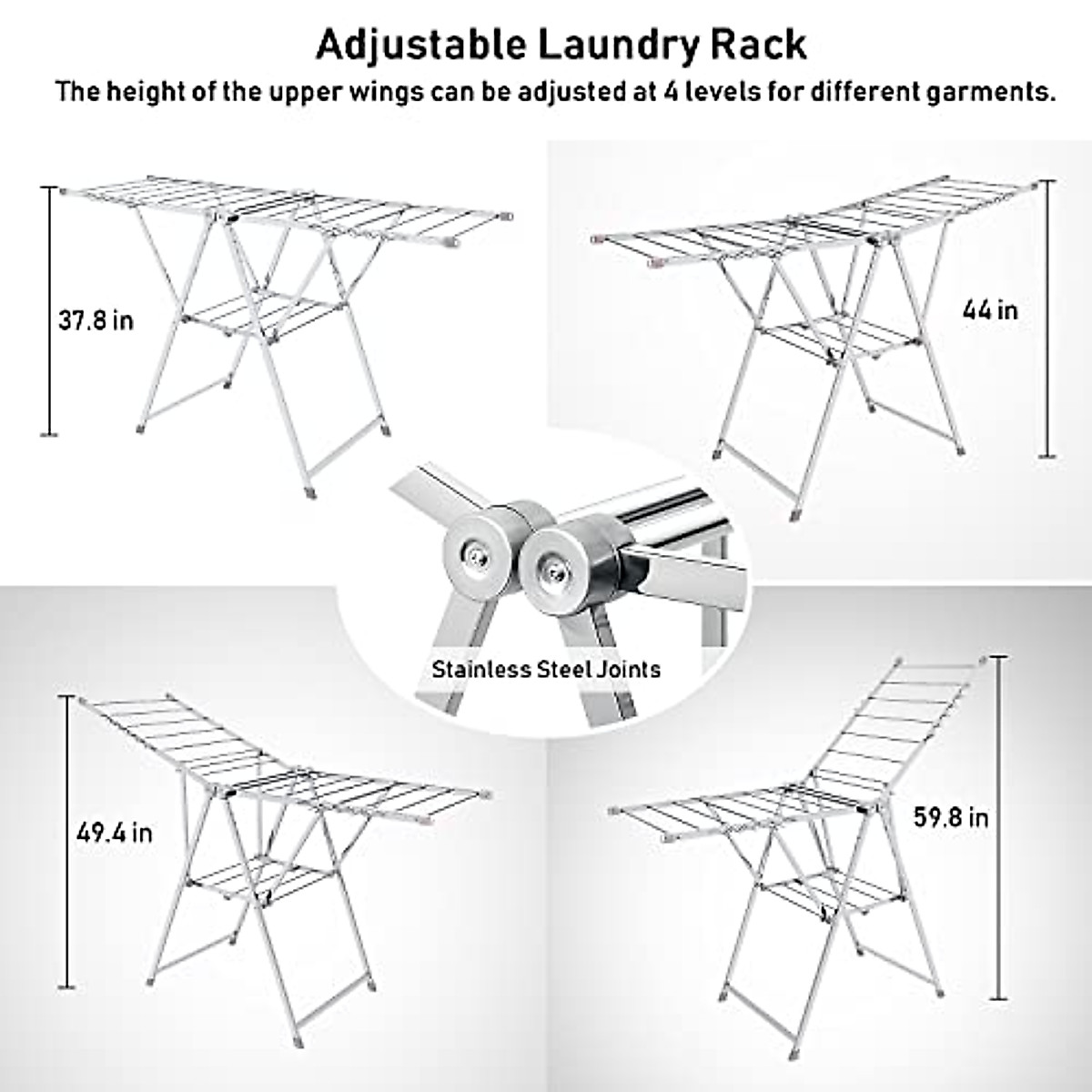 Duwee Clothes Drying Rack Clothes Airer,Foldable Clothes Horse Stainless Steel Clothes Drying Rack with Height-Adjustable Wings,Free-Standing Laundry Drying Rack for Indoor/Outdoor