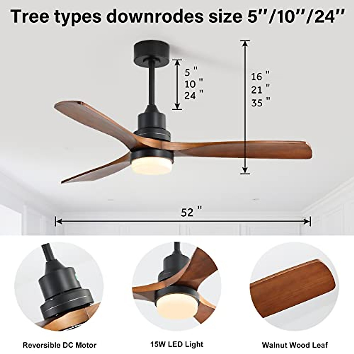 CACI Mall 52" Ceiling Fan with Light, Remote Control, Indoor Flush Mount Wood Modern Ceiling Fan for Bedroom, Dining Room, Patio, Living room, Farmhouse, Office