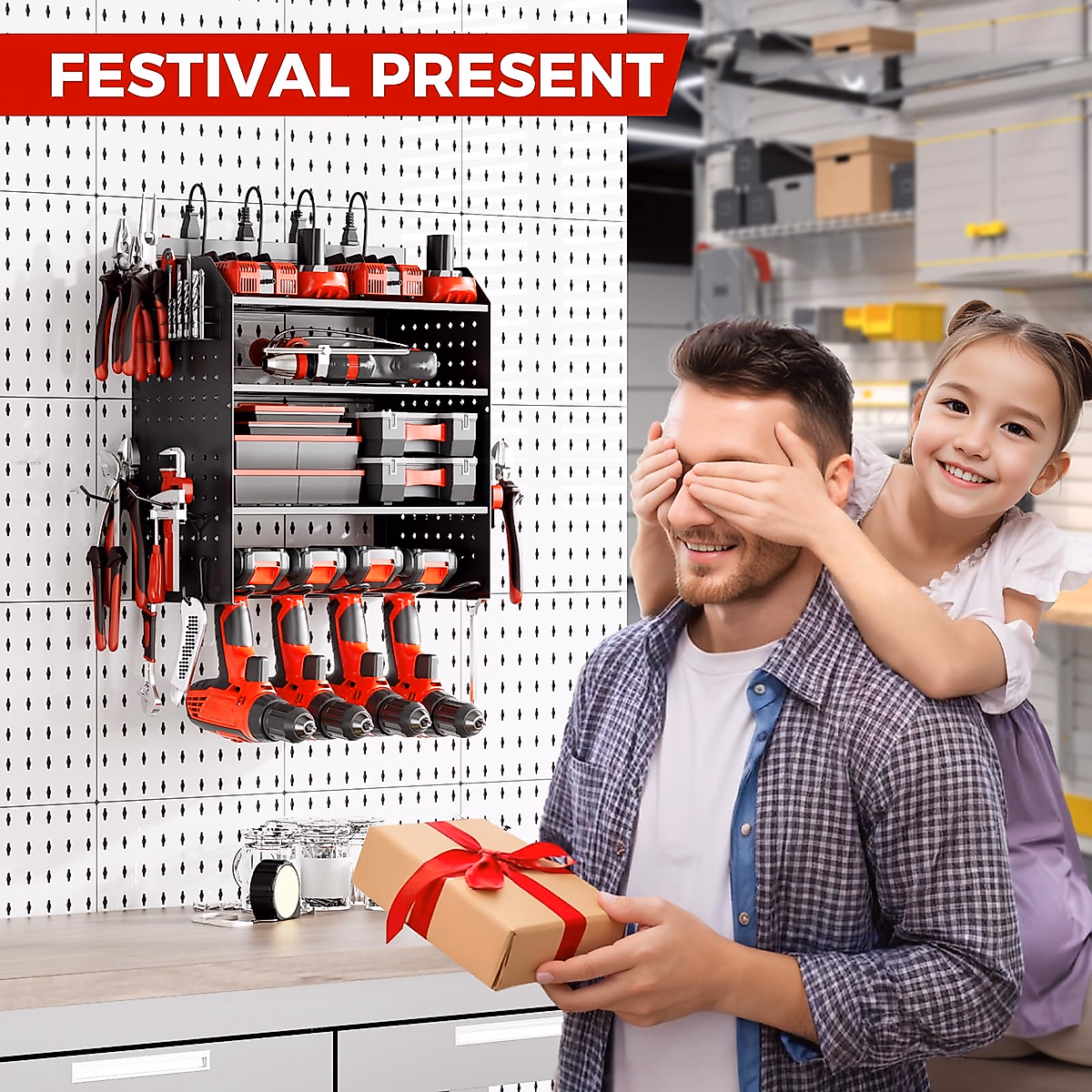 Power Tool Organizer with Charging Station, 4 Drills Holder Wall Mount Rack, 3 Layer Storage Rack,Side Pegboard with Screwdriver Holder/Plier Holder,etc, Garage Power Tool Storage with Power Strip