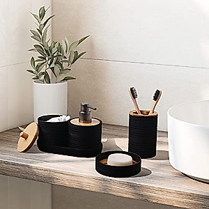 Bamboo Bathroom Accessories Set with Trash Can, Vanity Tray,Tumbler, Qtip Holder, Soap Dispenser, Soap Dish, Toilet Brush,Black