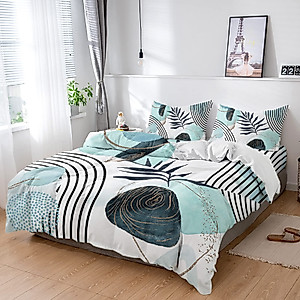 Duvet Cover Set of 4 Queen Size Abstract Mid Century Comforter Sets, Modern Geometric Plants Teal Bedding Set with Zipper Closure and 2 Pillow Cases, Soft Bed Covers Bedroom Decor for All Season