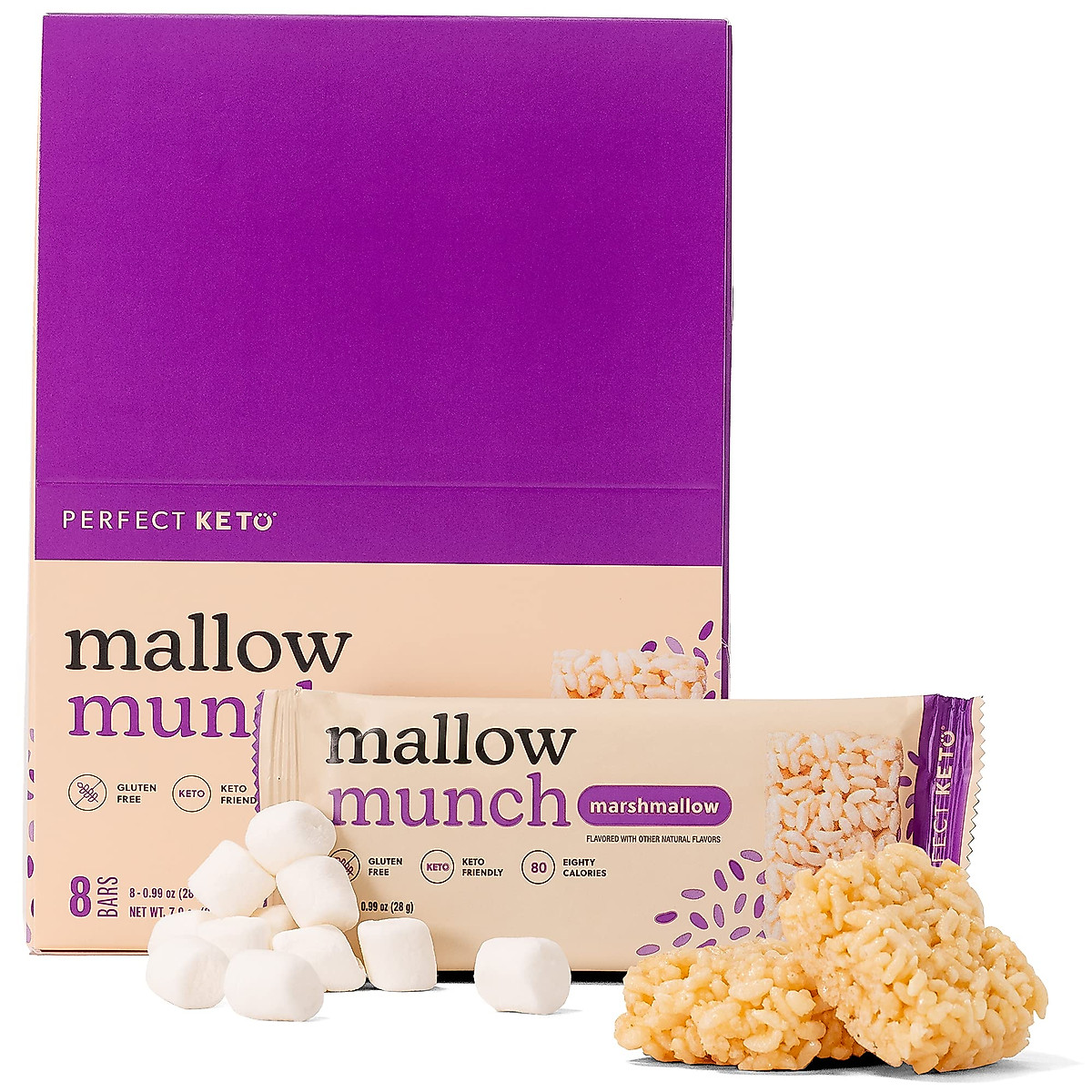 Perfect Keto Mallow Munch, Gluten Free, Cereal Bars, Breakfast Bar, Rice-Free, Low Sugar, Low Carb, Crispy, High Protein Snack, Healthy Snacks, 9g Protein, 2g Net Carbs, Original Marshmallow, 8 Pack