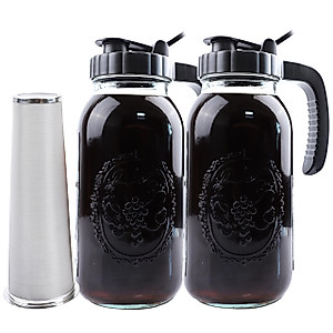 Cold Brew Coffee Maker Half Gallon 2 Set Glass Mason Jar Pitcher With Spout Lid Filter 2 Quart Wide Mouth Iced Tea Brewing Jug Heavy Duty Handle Airtight & Leak-Proof Pitcher For Fridge Sun Tea 64 OZ