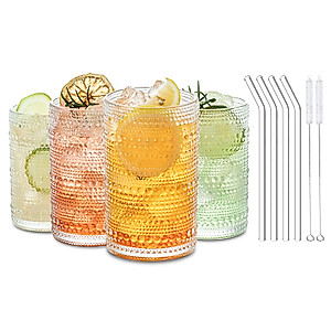 13 Oz Cocktail Glasses Hobnail Drinking Glasses Unique Vintage Bubble Cocktails - Set of 4 Old Fashioned Embossed Glassware Cups for Beverage, Water, Wine, Beer, Juice, Mixed Drinkware (13 Oz)